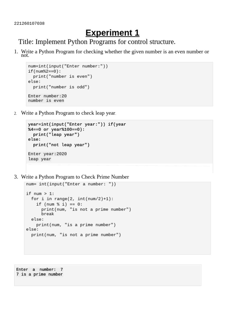Experiment 1: Title: Implement Python Programs For Control Structure | PDF
