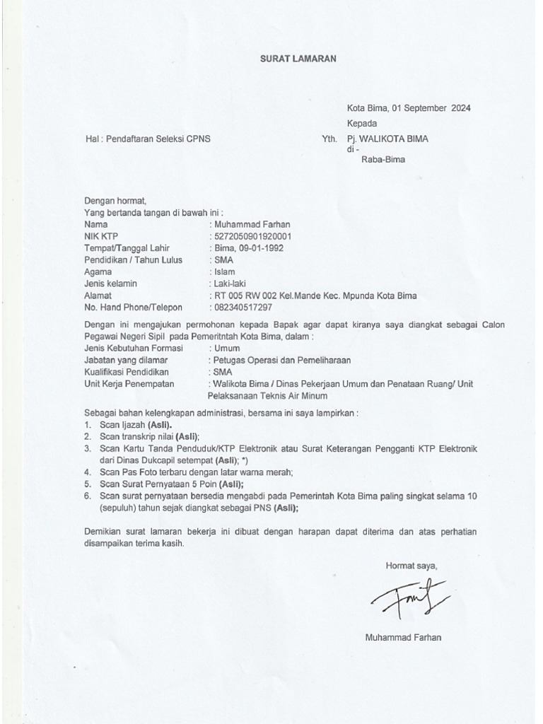 Surat Lamaran Farhan | PDF