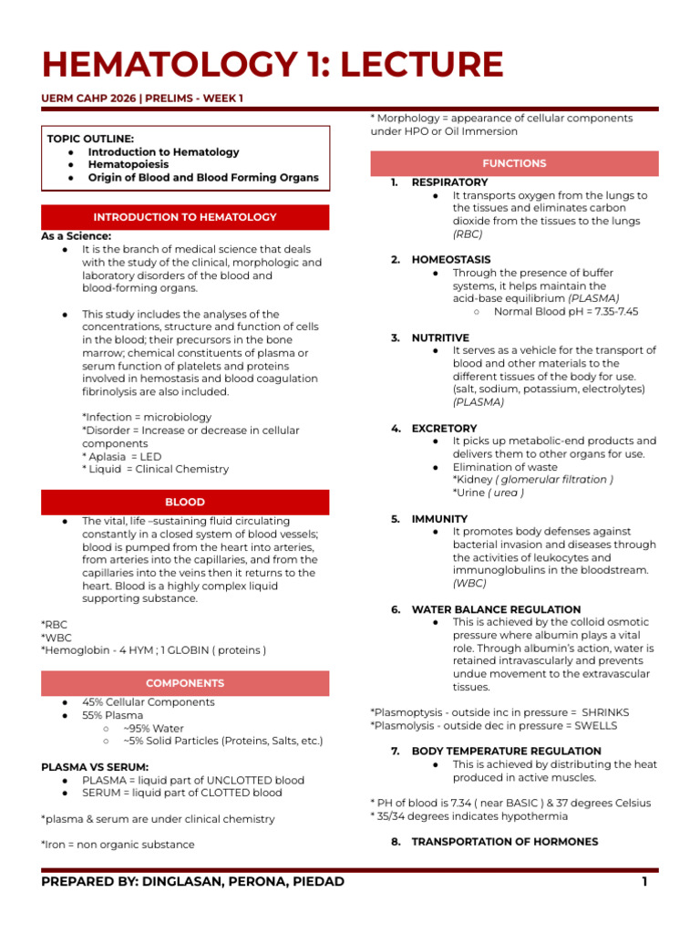 Hematology 1 Lec Week 1 Transes | PDF | Blood Plasma | Blood