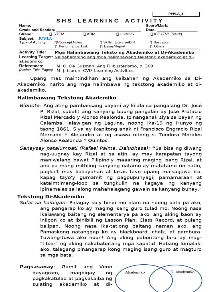 PFPLA LAS 3 Mga Halimbawa NG Tekstong Akademiko | PDF