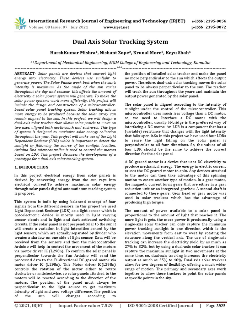 Dual Axis Solar Tracking System | PDF