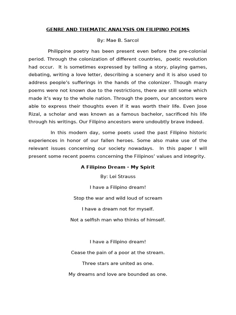 Genre and Thematic Analysis On Filipino Poems | PDF | Poetry | Poetry