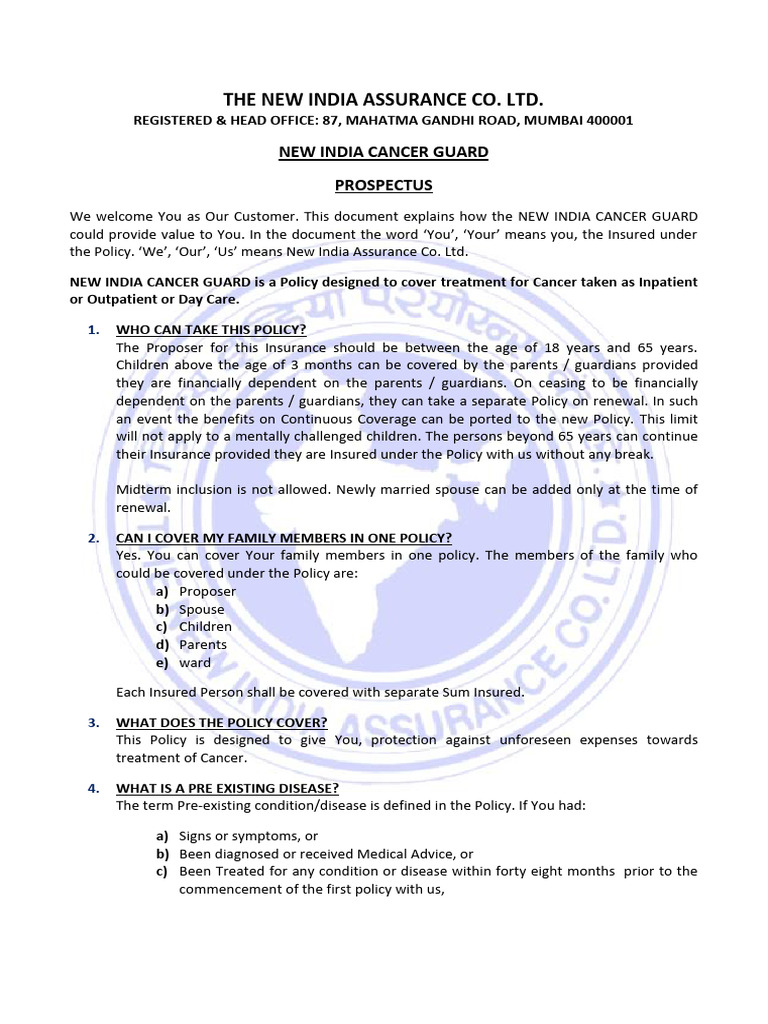 Prospectus New India Cancer Guard-1 | PDF
