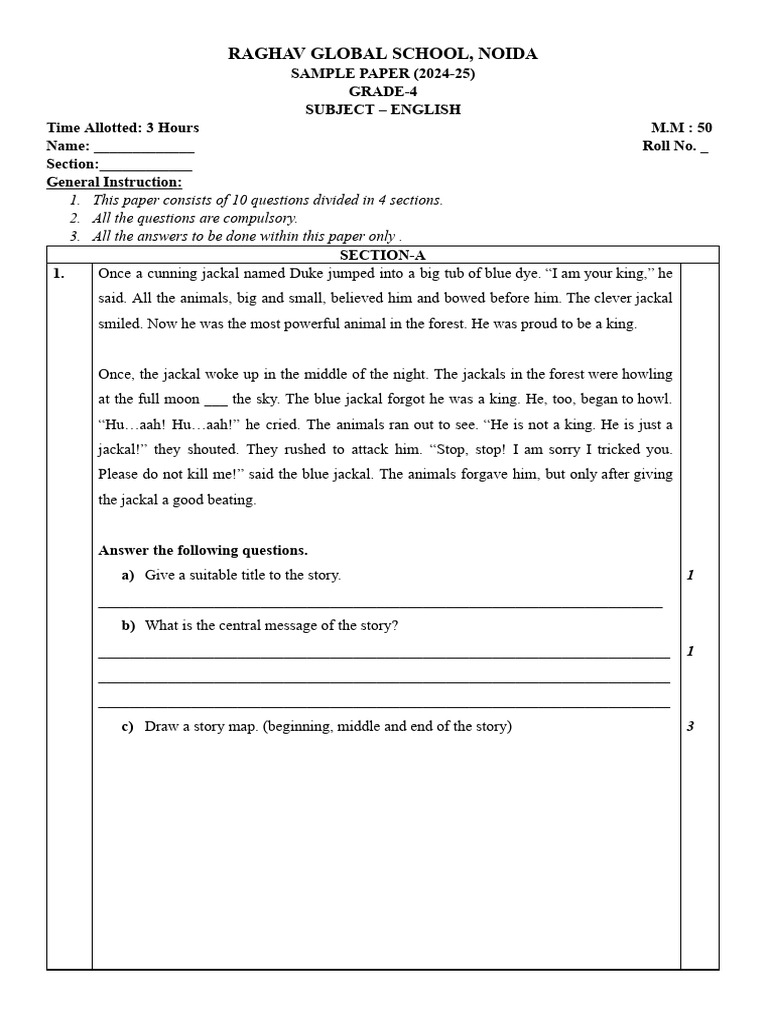 Sample Paper Grade 4 English | PDF