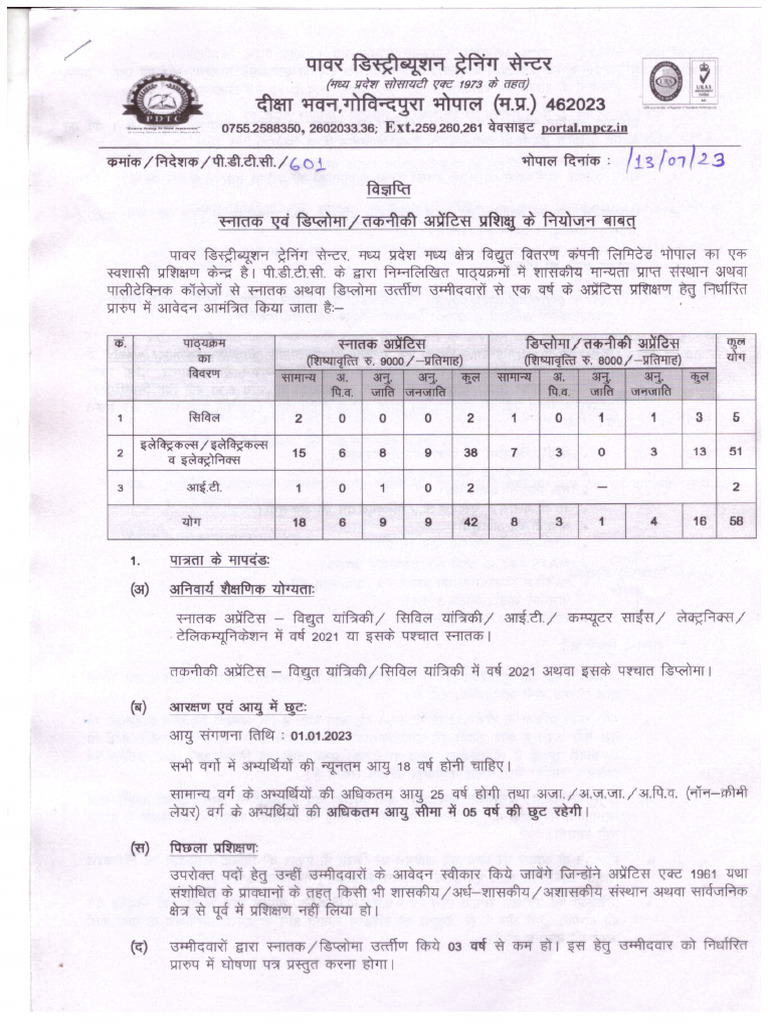 Detailed Advertisement For Engagement of Apprentice Trainees Graduate and Technical For 1 Year ...