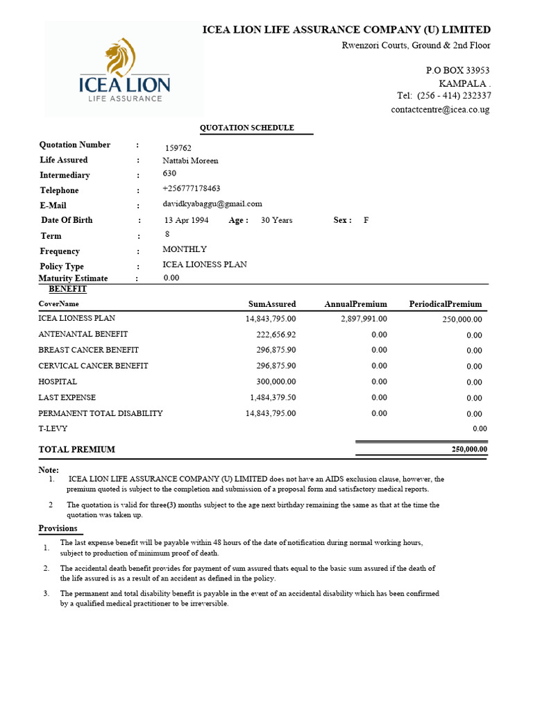 Icea Lioness Plan Quote 159762 | PDF