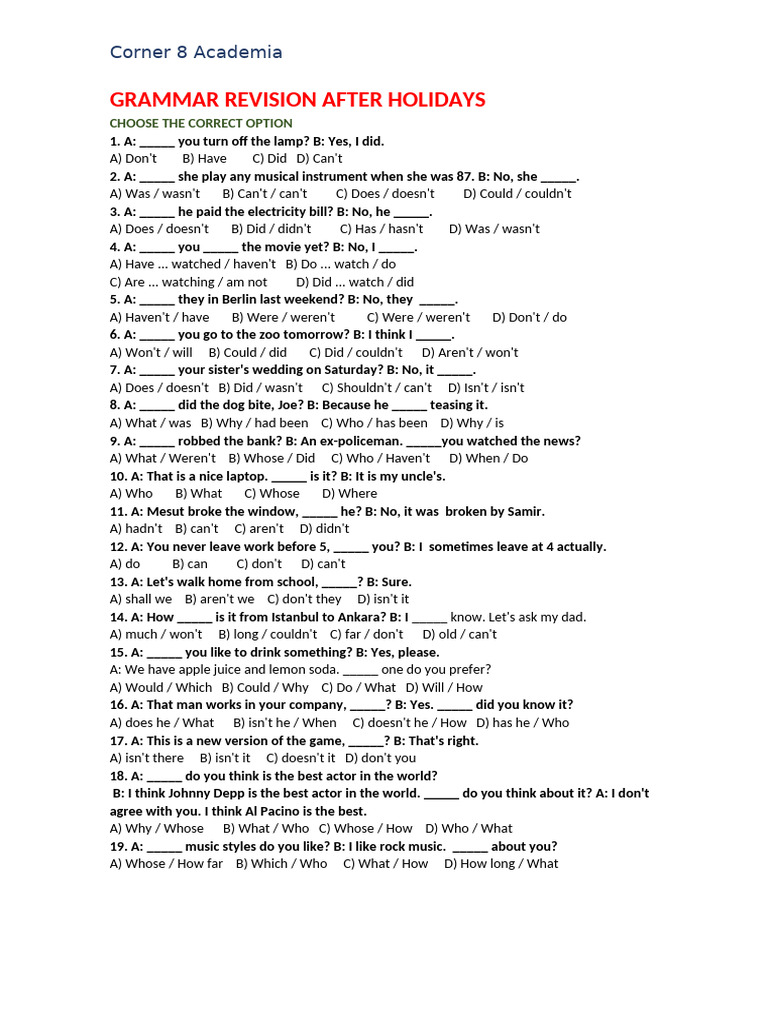 Grammar Revision After Holidays | PDF