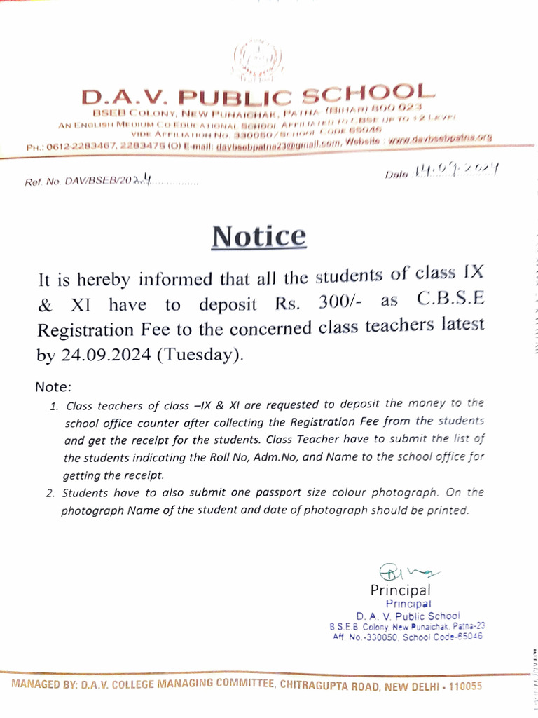 Class 9 & 11 CBSE Registration Fee Notice | PDF