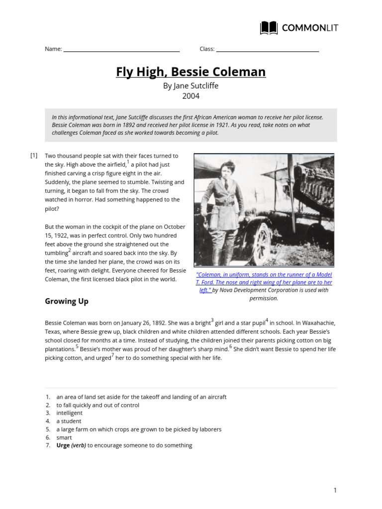 Walker Homework Fly - High - Bessie - Coleman-Student | PDF