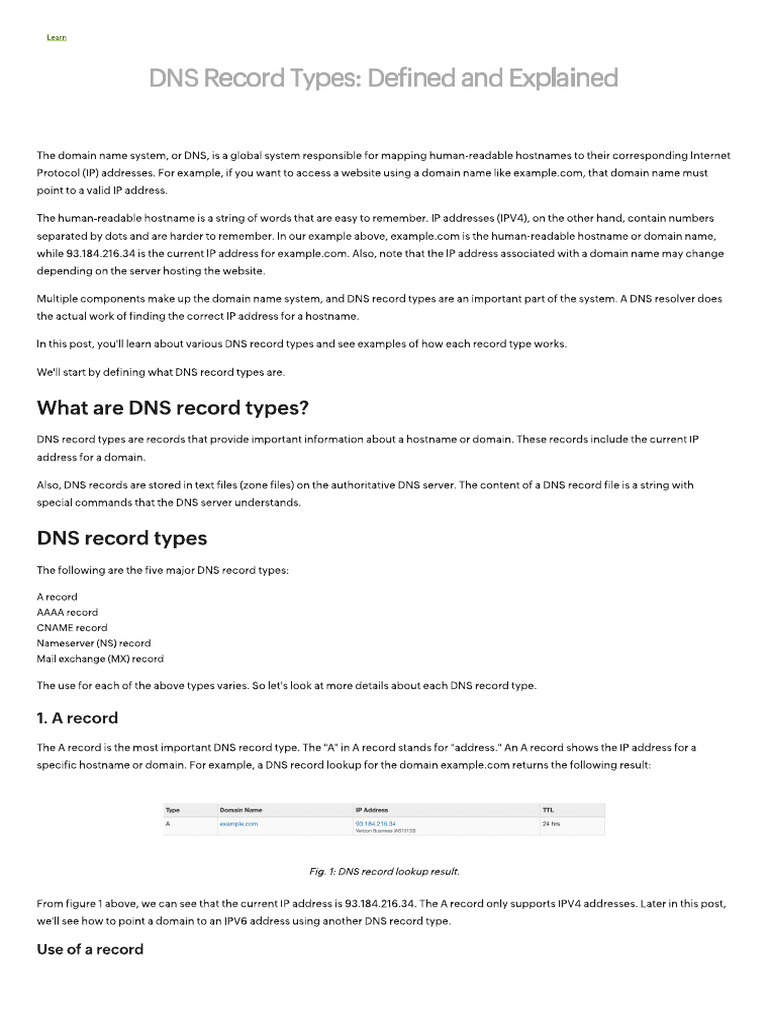 DNS Record Types - Defined and Explained - Site24x7 | PDF