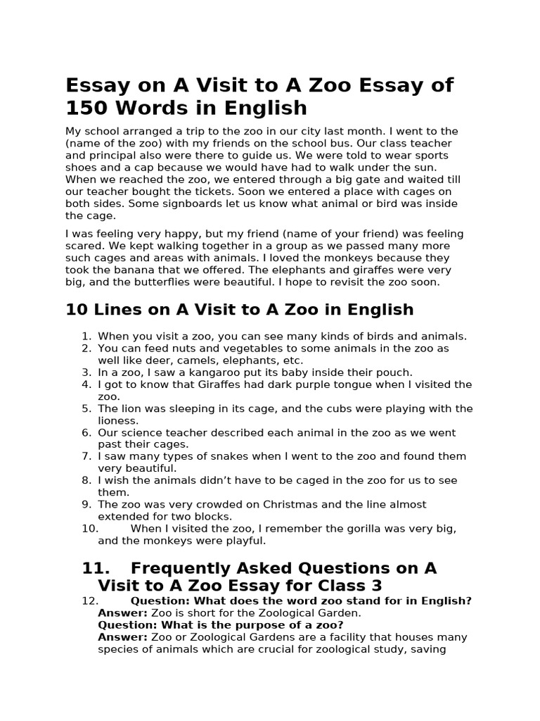 Essay On A Visit To A Zoo Essay of 150 Words in English | PDF