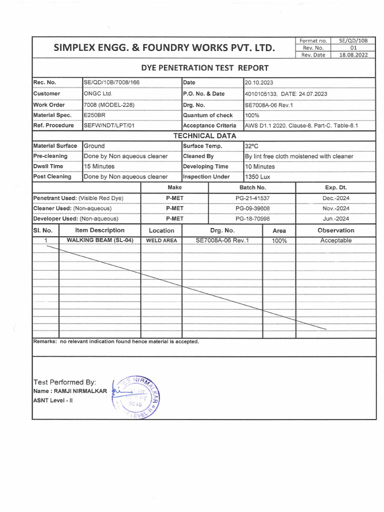 Dye Penetrant Report | PDF