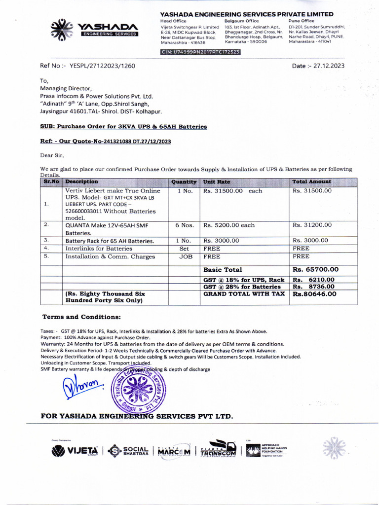 PO Format For Yashada Engg Services | PDF
