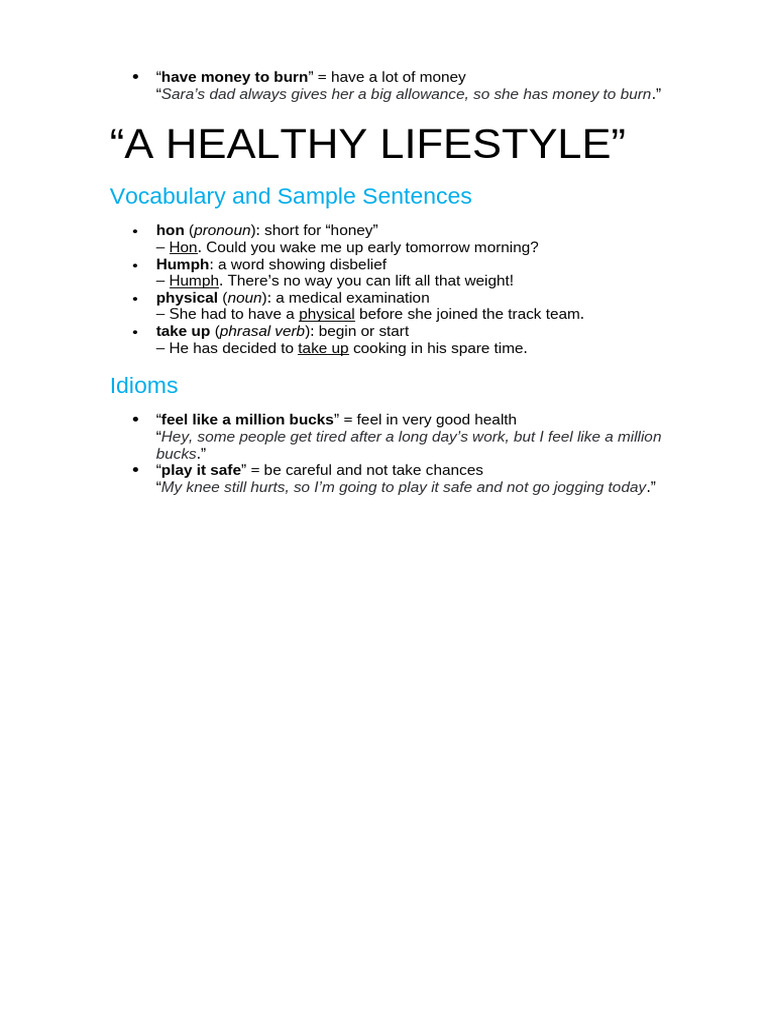 "A Healthy Lifestyle": Vocabulary and Sample Sentences | PDF