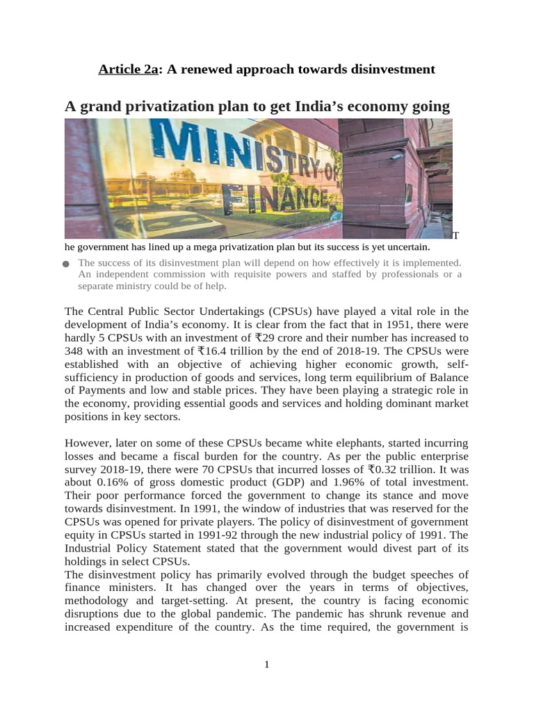 Article 2a 2021-22 - A New Approach To Disinvestment | PDF