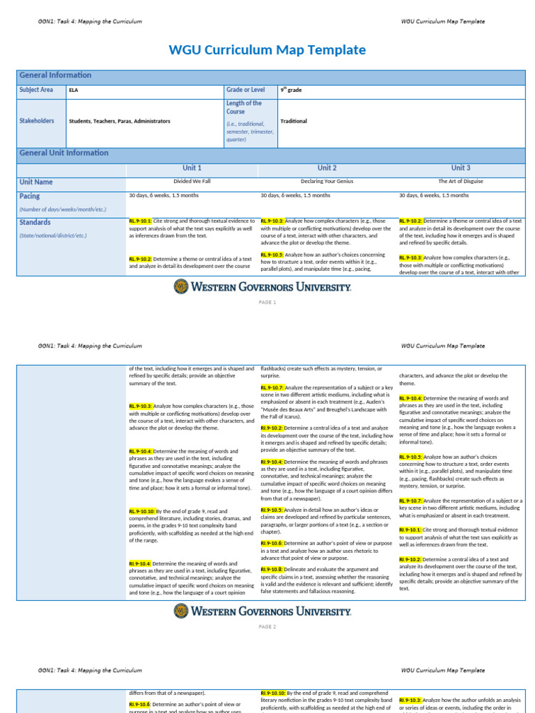 Task 4- WGU Curriculum Map Template | PDF
