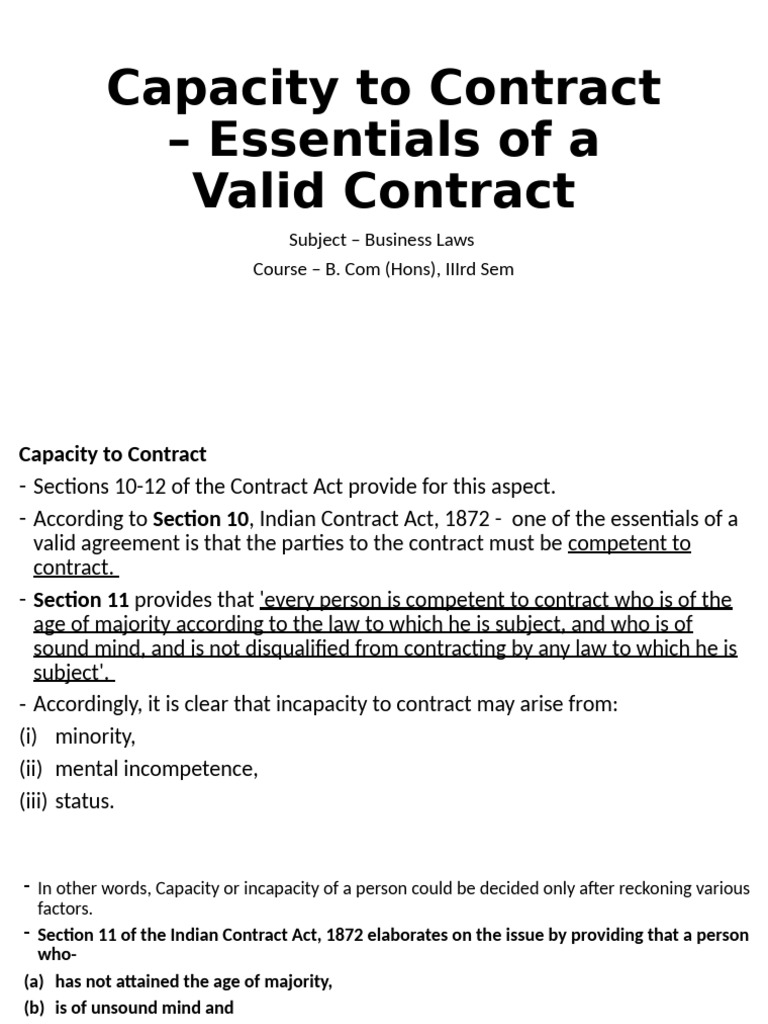Capacity To Contract - Essentials of A Valid Contract | PDF