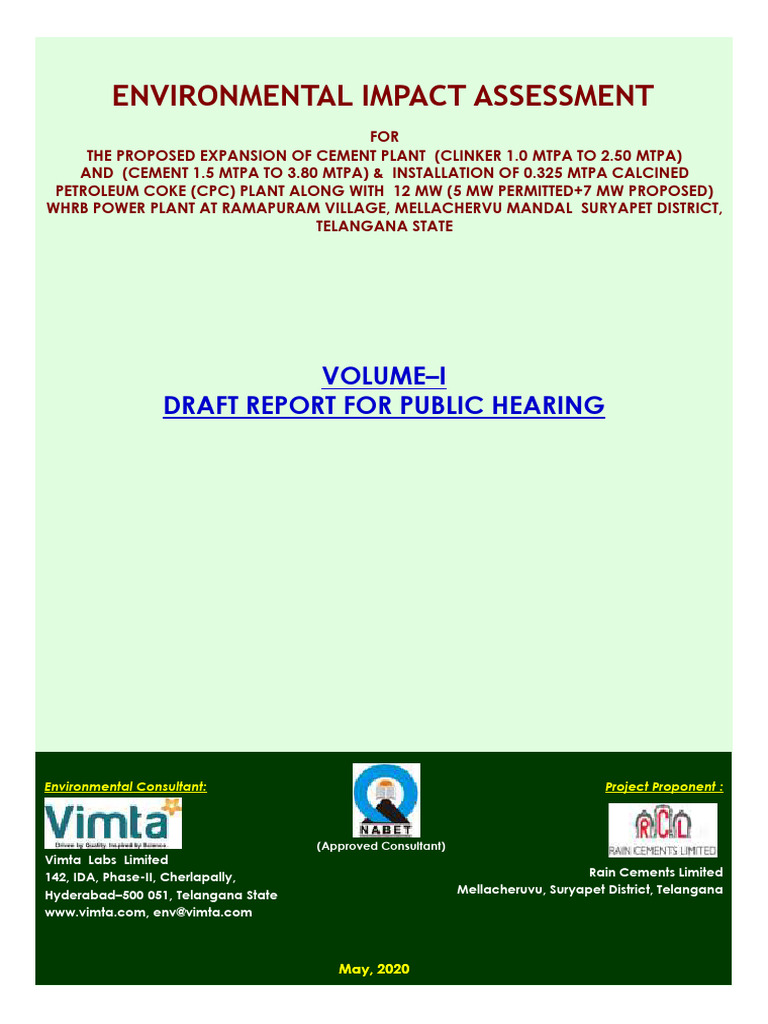 Rcl Cement Plant Volume - i (Draft Eia Report) | PDF