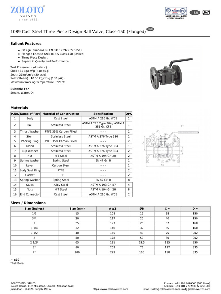Cast Steel Ball Valve Class-150 | PDF | Materials | Building Materials