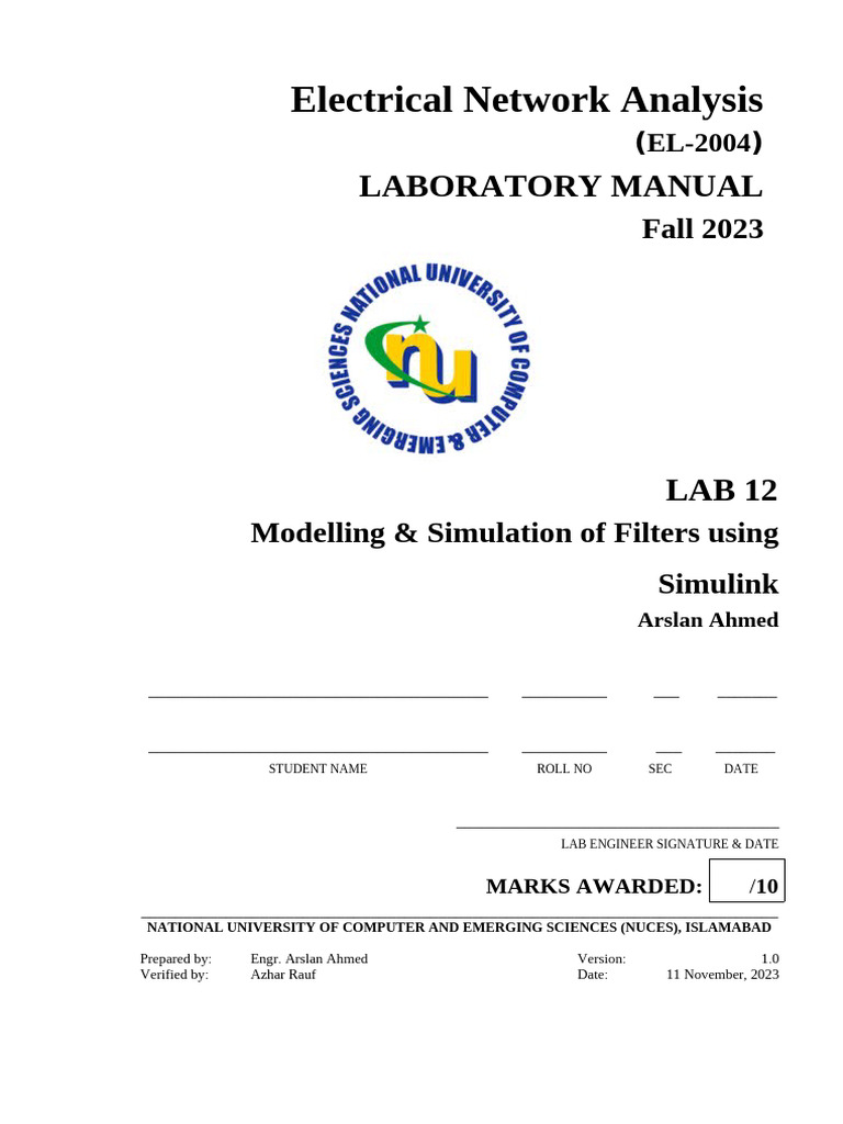ENA FA23 Lab 12 - Design of Filters | PDF