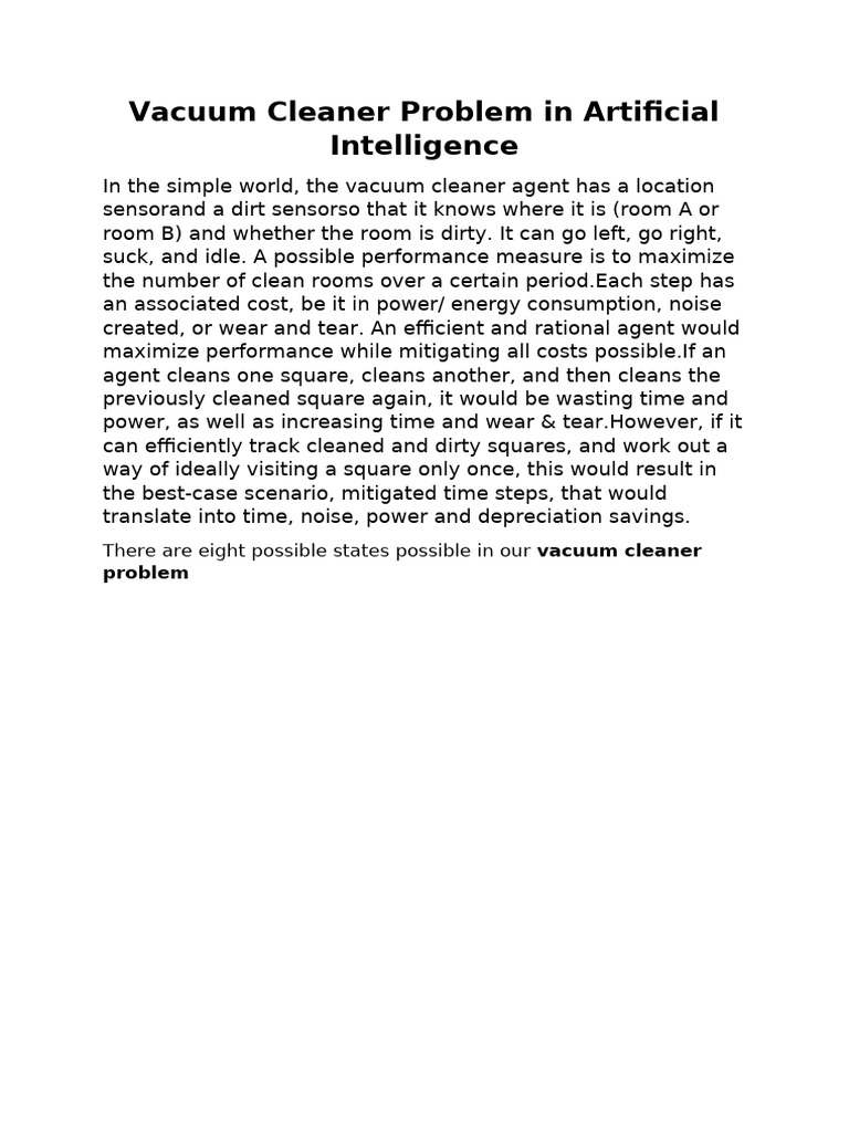 Vacuum Cleaner Problem in Artificial Intelligence | PDF