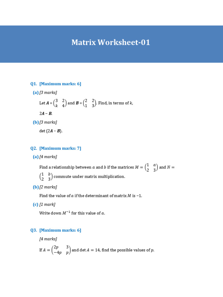 Matrix- Worksheet 1 | PDF