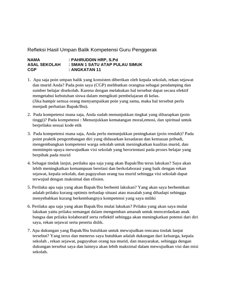 Refleksi Hasil Umpan Balik Kompetensi Guru Penggerak PAHRUDDIN HRP, S.PD | PDF
