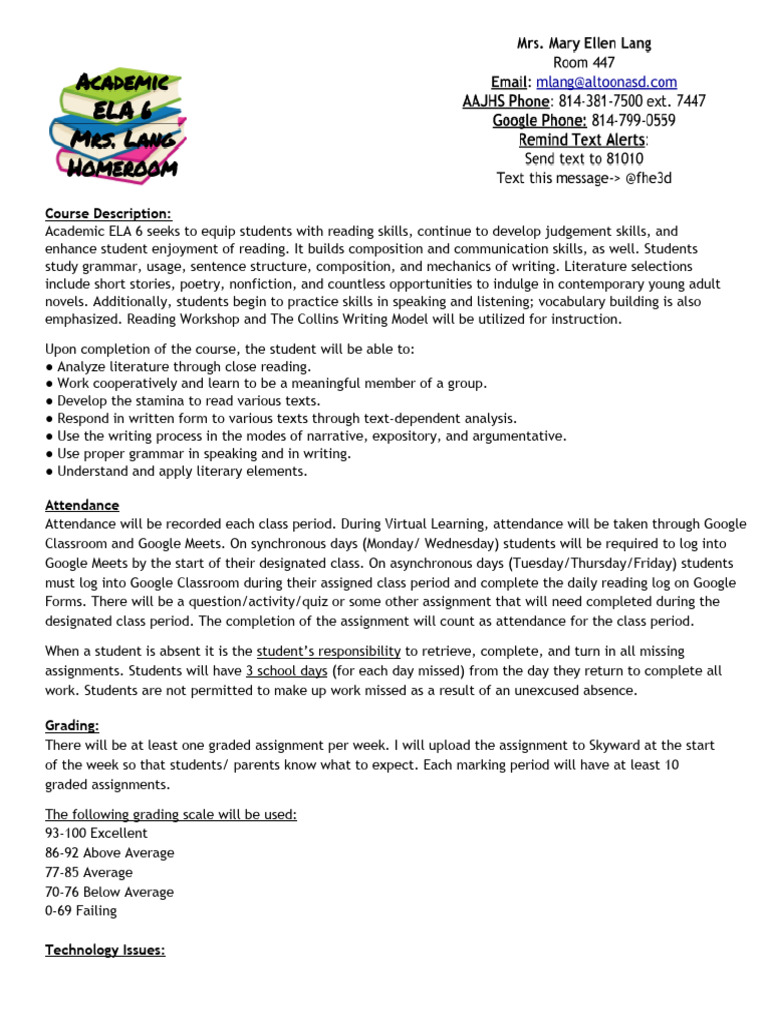 6th Grade Academic ELA Syllabus | PDF