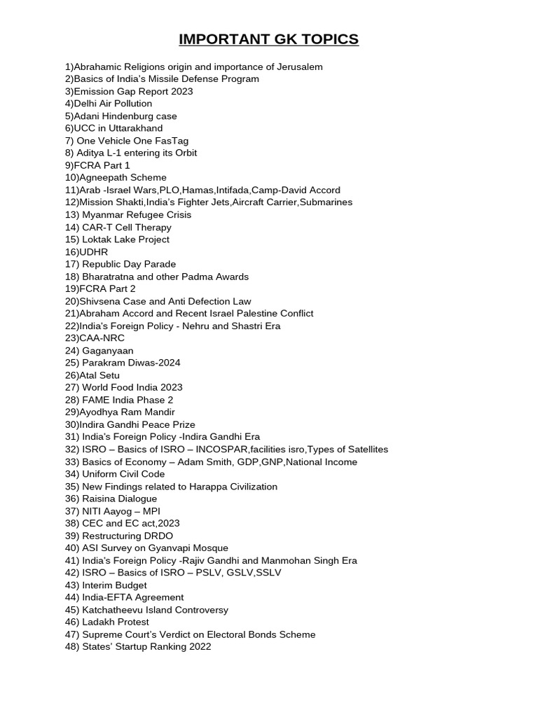 Mandatory GK Topics - CLAT 2025 | PDF
