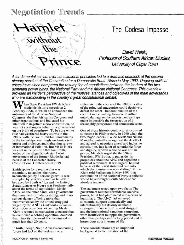 Welsh 1992 Hamlet Without The Prince The Codesa Impasse | PDF