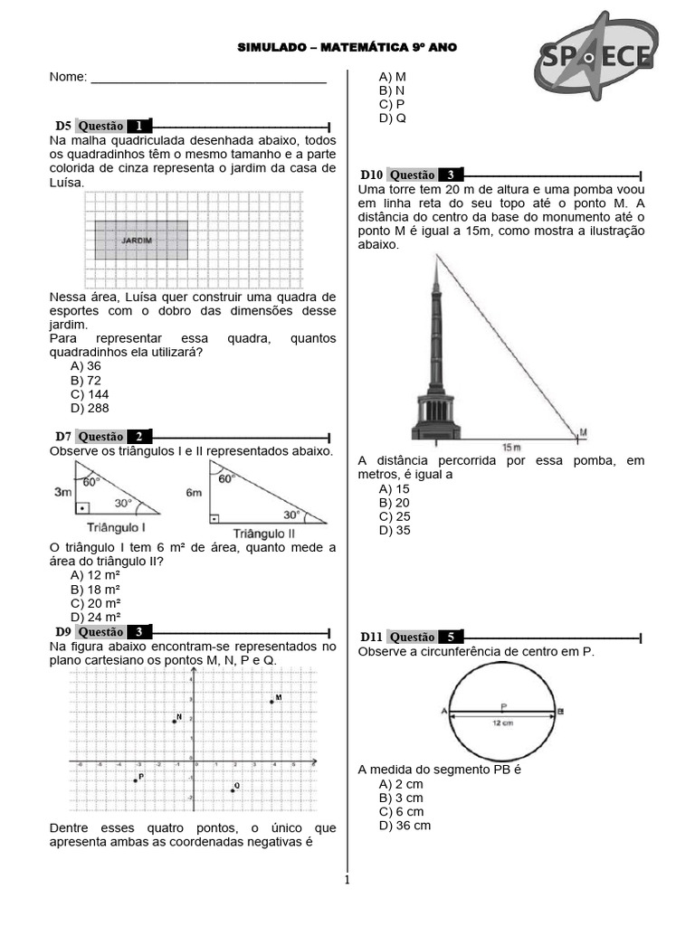 Simulado - Matemática - 9º Ano ( (Spaece) ) | PDF