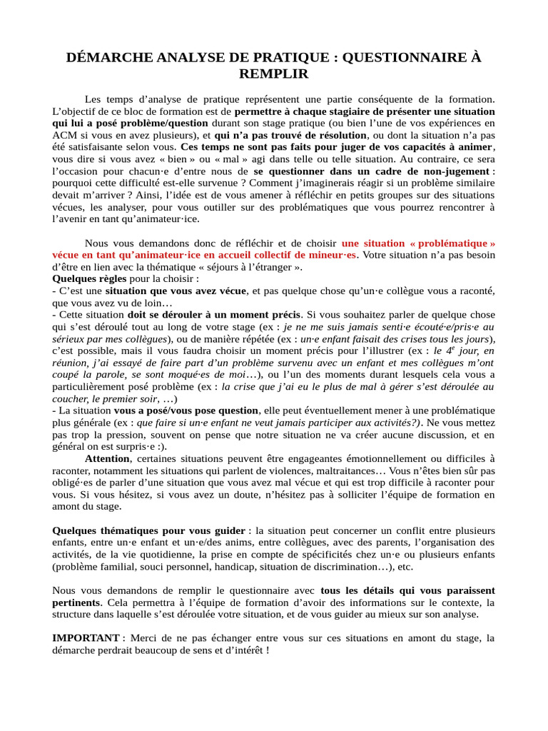 Questionnaire À Remplir - Analyse de Pratique (1) 2 | PDF