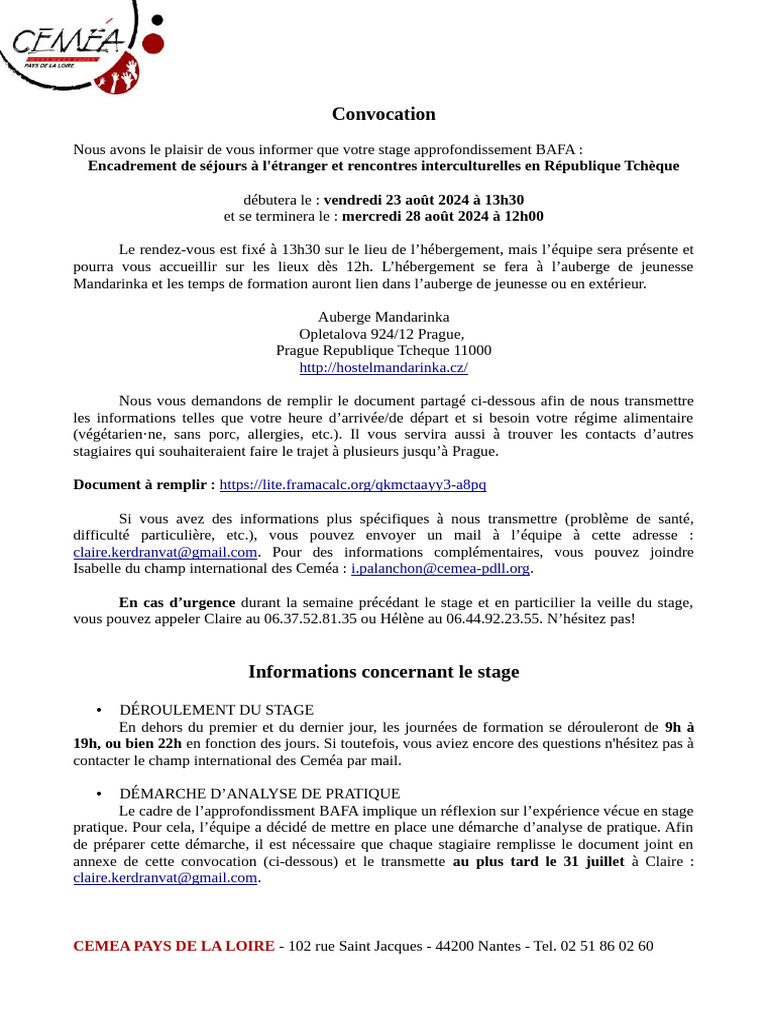 Convocation BAFA 3 Prague | PDF