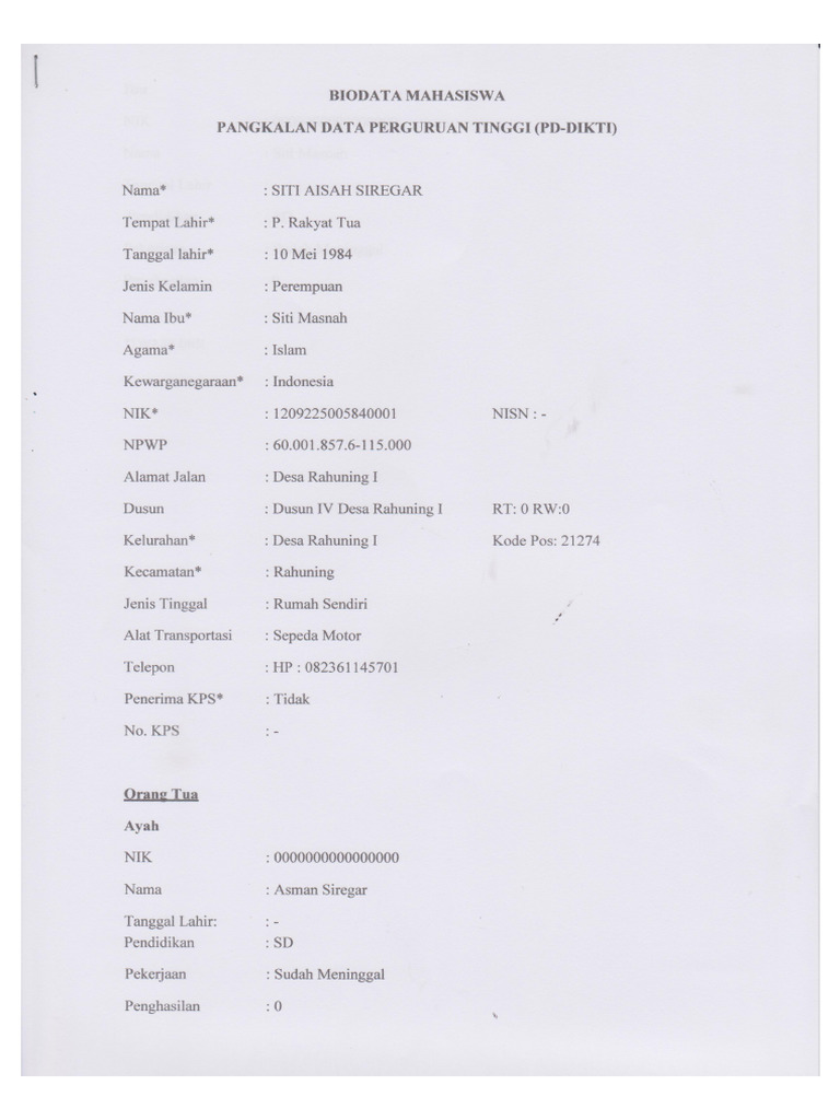 SITI AISAH SIREGAR_BIODATA | PDF