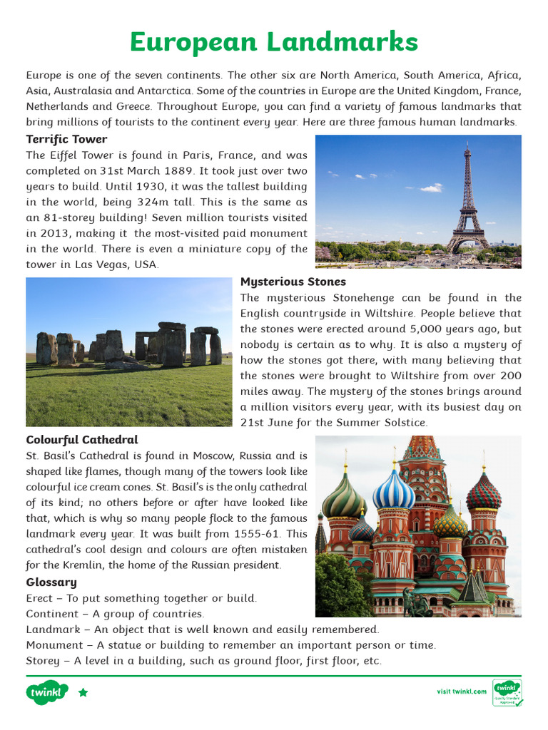 Europe Landmarks Reading Comprehension Activity | PDF