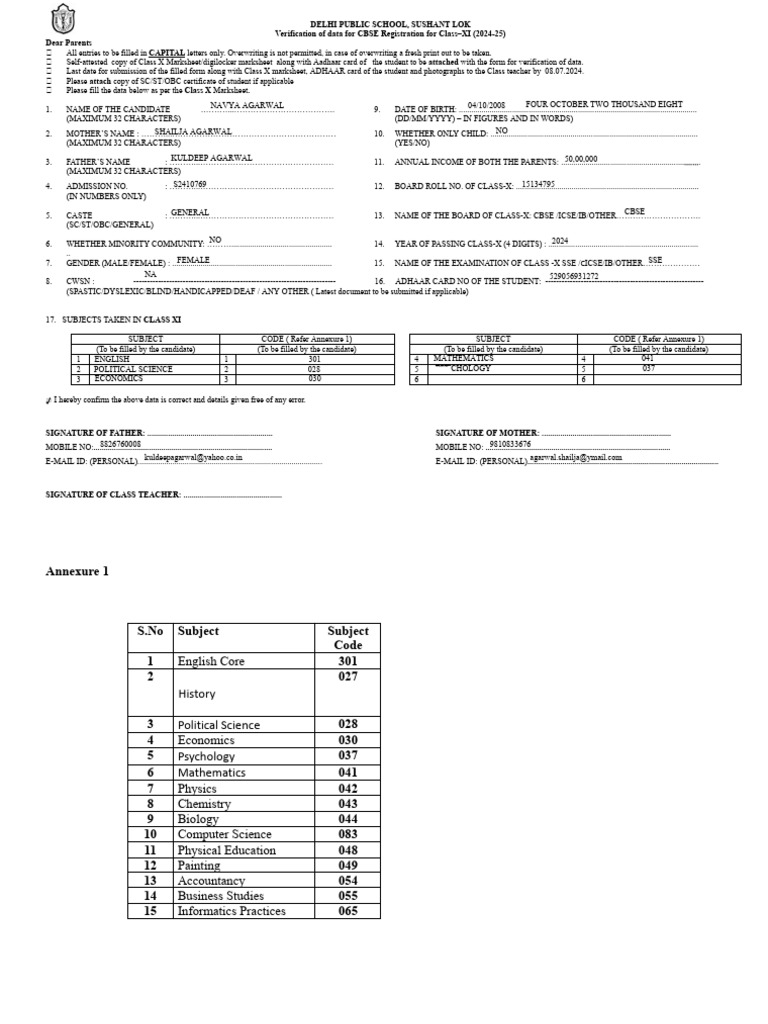 Registration Form Class Xi 2024-25 | PDF