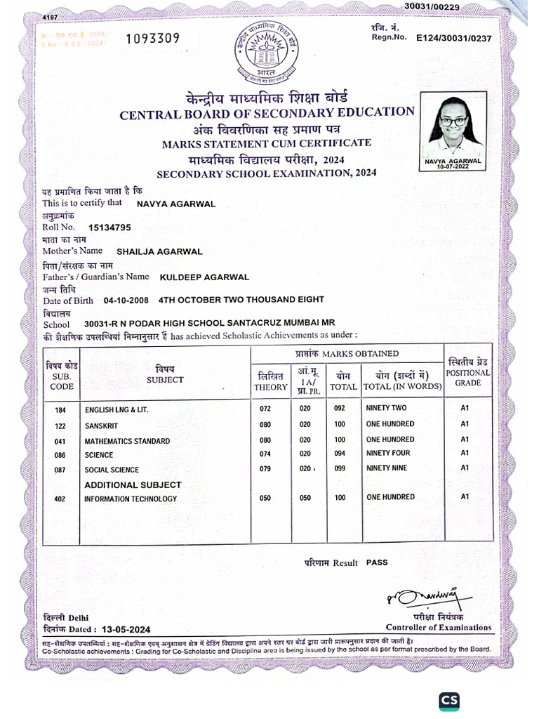 Navya 10 Board Marksheet_240826_115311 | PDF