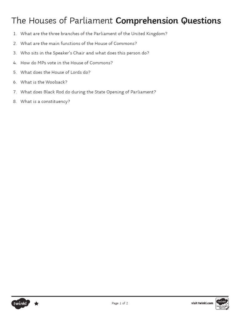 Differentiated Comprehension Questions Houses of Parliament | PDF
