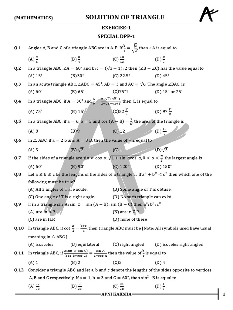 Sheet - 01 - Solution of Triangle | PDF