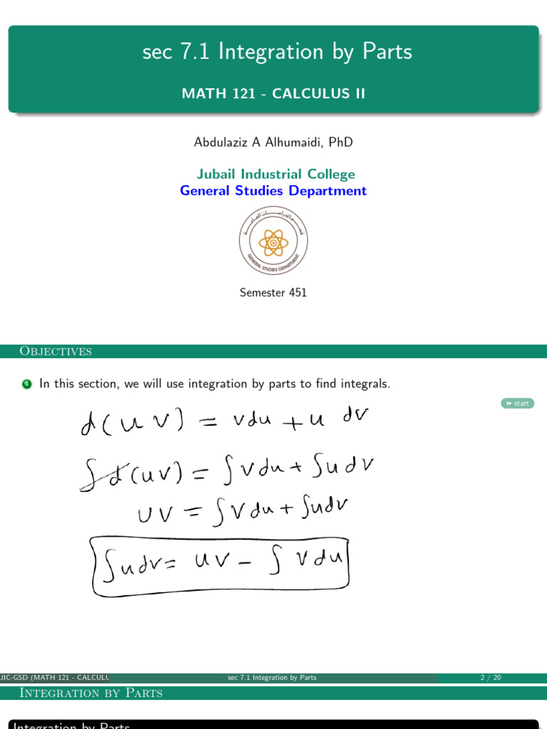 Sec 7.1 Integration by Parts | PDF