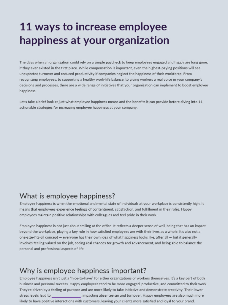 Boosting Employee Happiness: 11 Strategies | PDF | Employment | Happiness