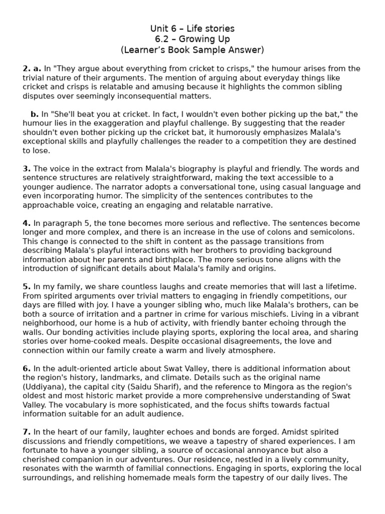 Unit 6 - Life Stories 6.2 - Growing Up (Learner's Book Sample Answer) | PDF