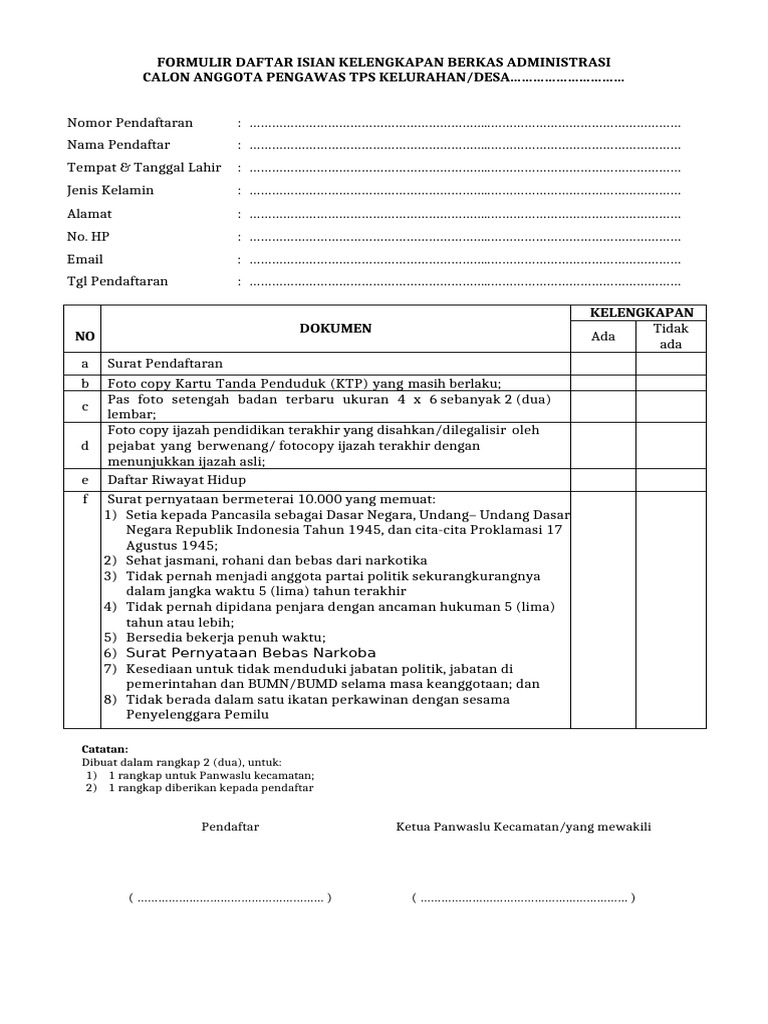 Form Checklist Pendaftaran PTPS Pilkada 2024 | PDF