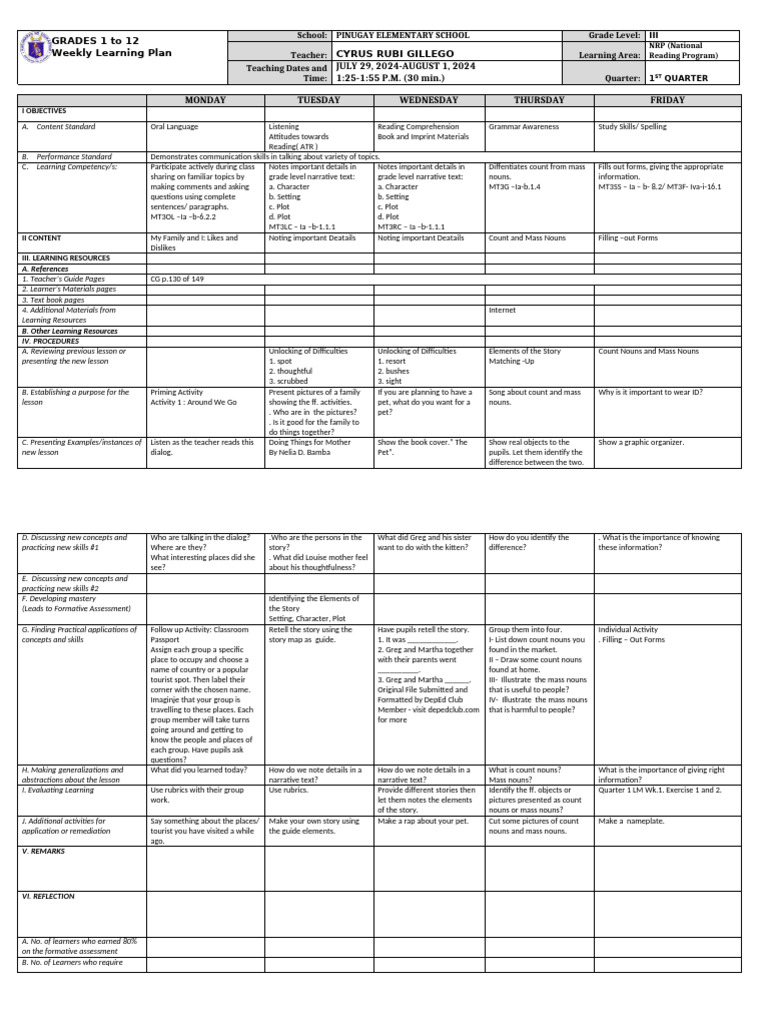 WLP - MTB 3 - Q1 - W1 | PDF | Education Theory | Pedagogy