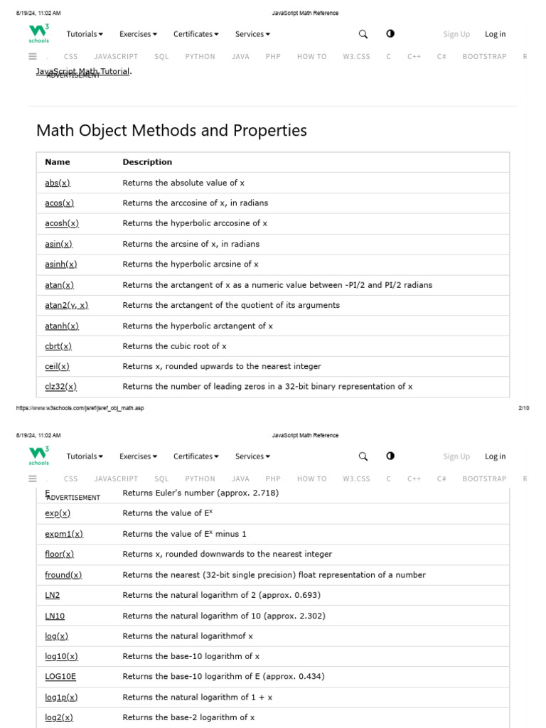 JavaScript Math Reference | PDF