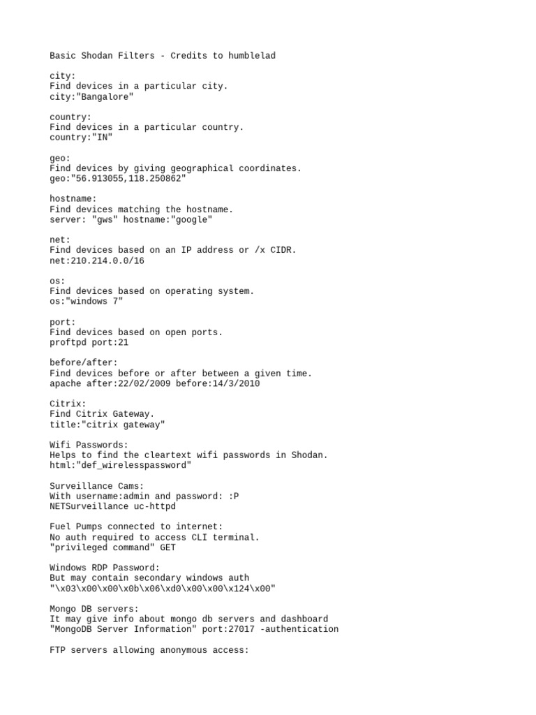 Basic Shodan Dork | PDF