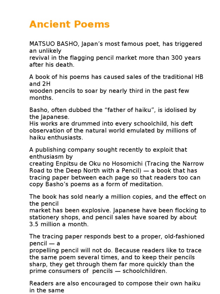 Mutsua Basho - Ancient Poems | PDF | Japanese Poetry | Japanese Literature