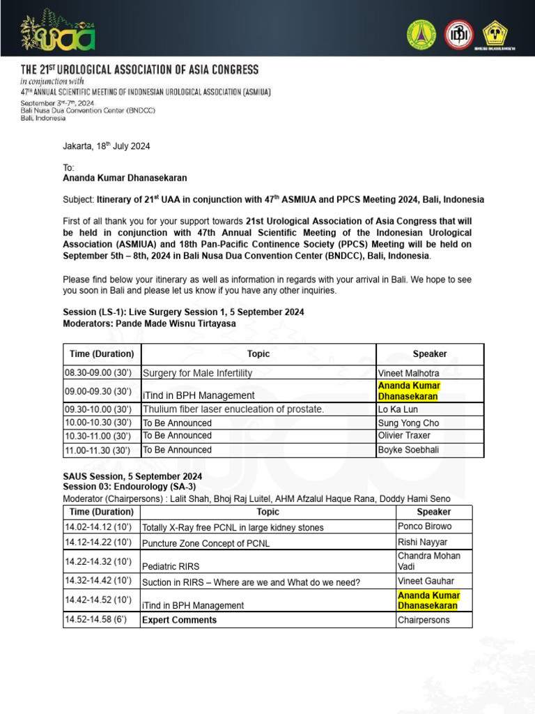 Ananda Kumar Dhanasekaran UAA 2024 Schedule Letter | PDF
