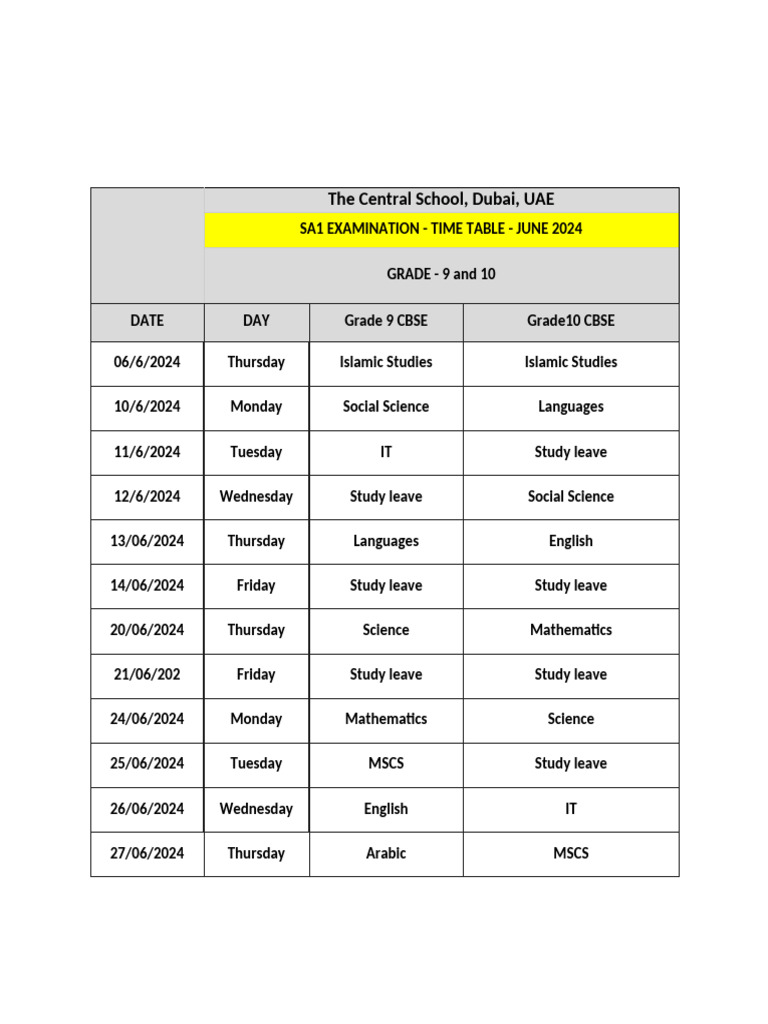 SA-1 Examination Time Table June 2024 | PDF