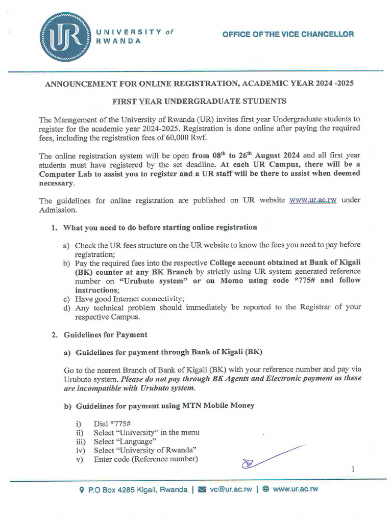 Signed Announcement For Online Registration of Year 1 Students Ay 2024 ...